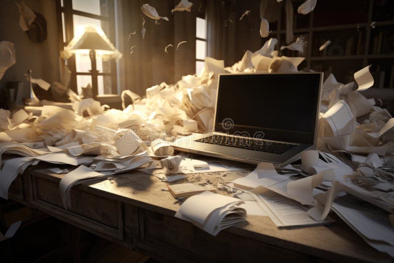 Laptop on Table with Many Paper Documents at Night, AI Generated Stock ...