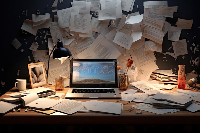 Laptop on Table with Many Paper Documents at Night, AI Generated Stock ...