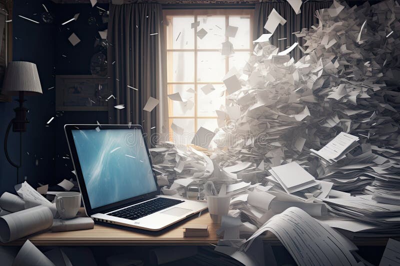 Laptop on Table with Many Paper Documents at Night, AI Generated Stock ...