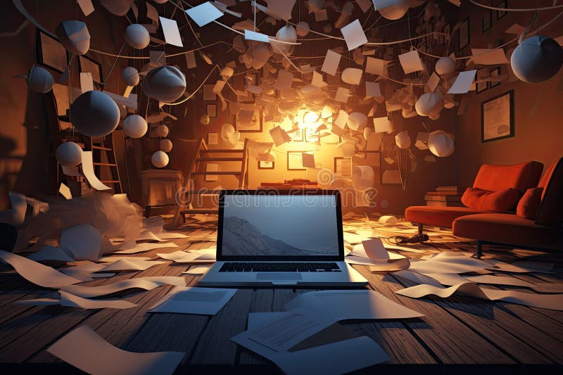 Laptop on Table with Many Paper Documents at Night, AI Generated Stock ...