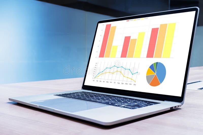 Laptop on Table with Mockup Chart Presentation Slide Show on Display ...