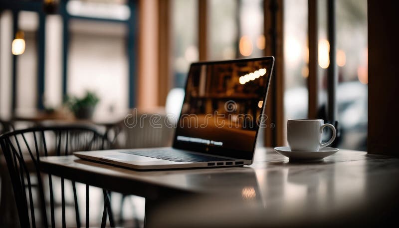 Laptop on the Table Modern Minimal Cafe. Generative AI Stock ...