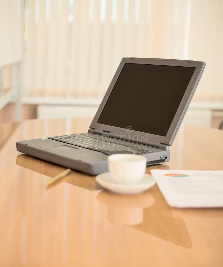 Laptop on a Table at Office Stock Image - Image of writing, document ...