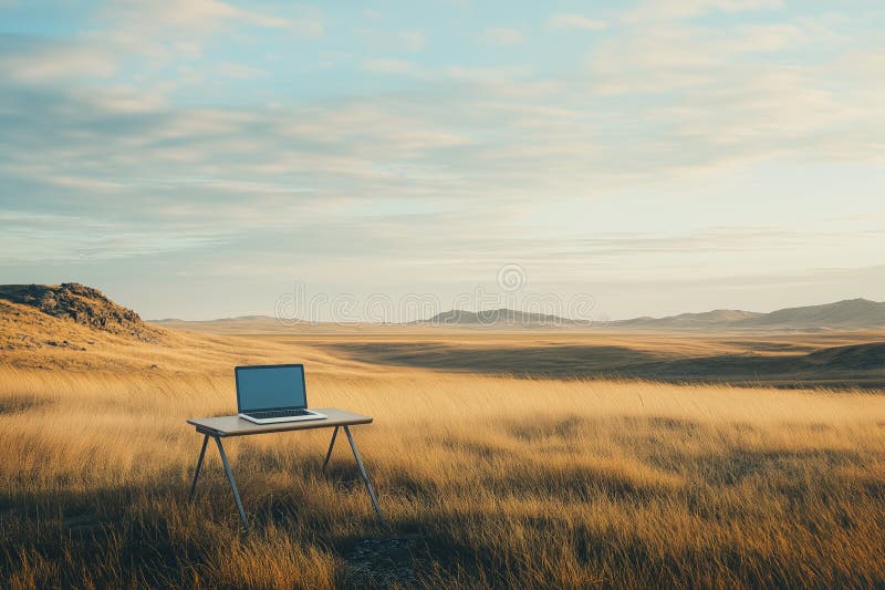 Laptop on Table in Open Landscape with Grass and Mountains, Remote Work ...