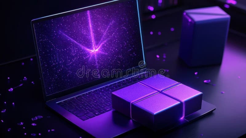A Laptop is on a Table with a Purple Box and a Purple Cube Stock Photo ...