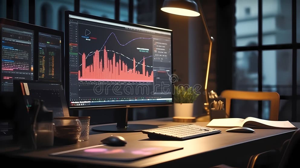 Laptop with Table and Sales Data Economic Growth Graph on Screen. E ...