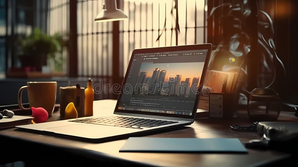 Laptop with Table and Sales Data Economic Growth Graph on Screen. E ...