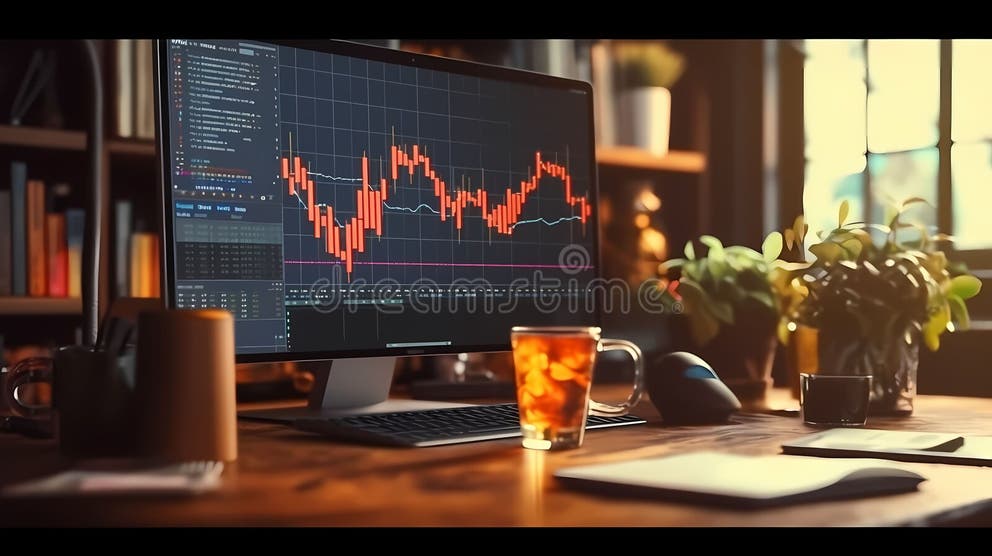 Laptop with Table and Sales Data Economic Growth Graph on Screen. E ...