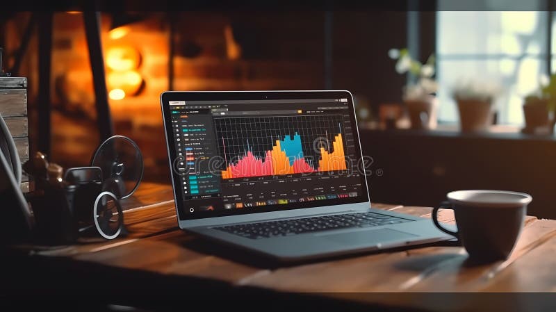 Laptop with Table and Sales Data Economic Growth Graph on Screen. E ...