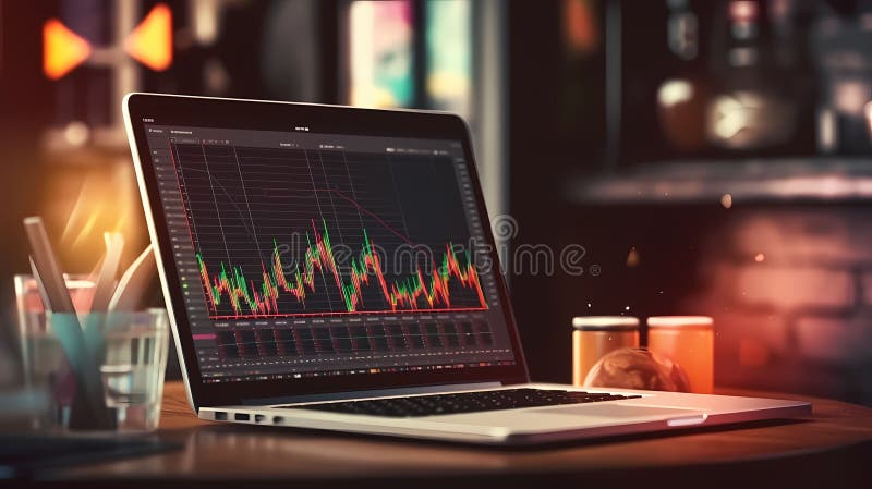 Laptop with Table and Sales Data Economic Growth Graph on Screen. E ...