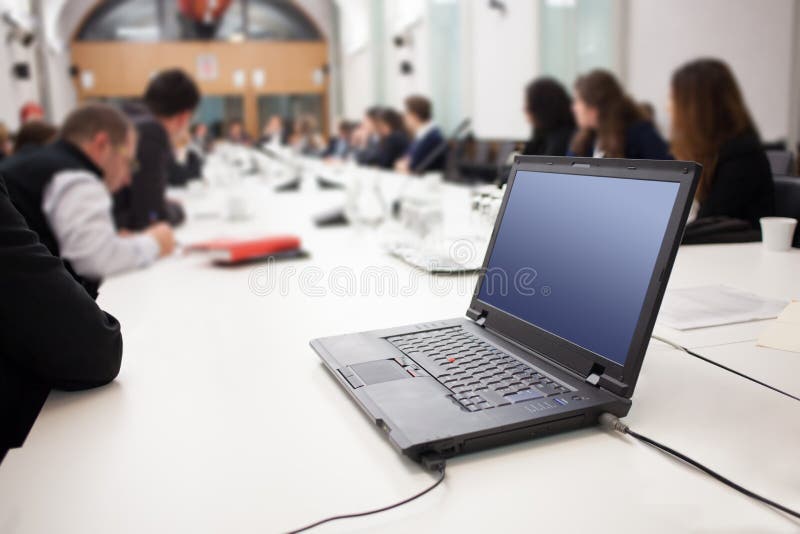 Laptop on Table at Seminar Workshop Stock Photo - Image of office ...