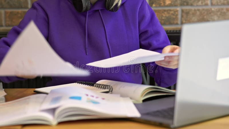 With Laptop on Table Student Meticulously Organized Papers and Notes ...