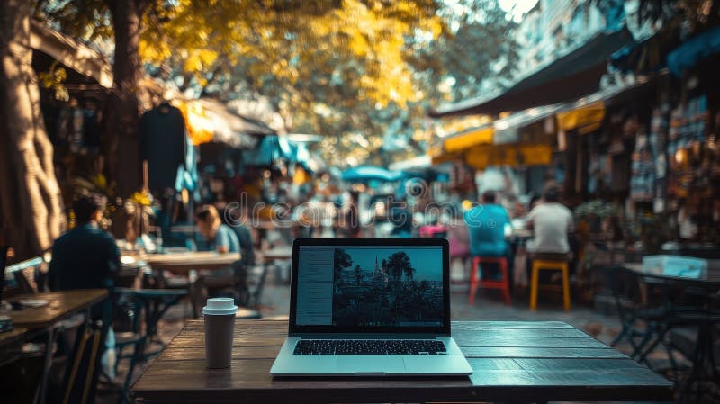 A Laptop on a Table in a Vibrant Outdoor Market Setting Stock ...