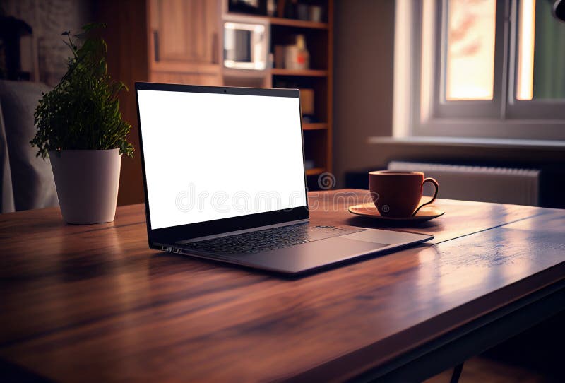 Laptop on a Table with a White Screen. Computer in the Apartment Stock ...