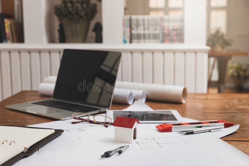 Laptop with Tablet on Architect Desk. Business, Architecture, Building ...