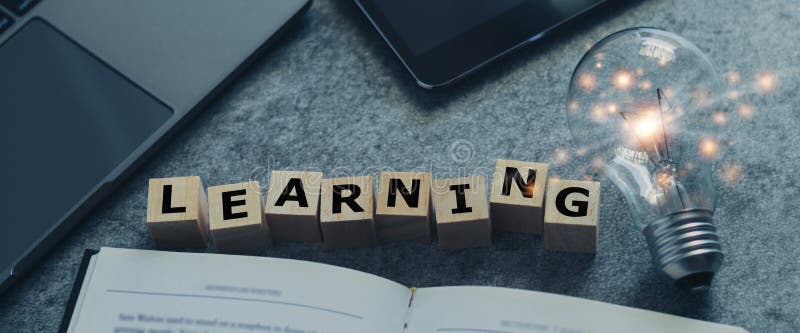 Laptop, Tablet, Book and Glowing Light Bulb. Self Learning or Education ...