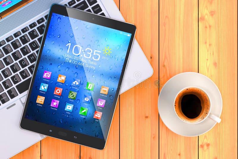 Laptop, Tablet and Cup of Coffee. Office Workplace Stock Illustration ...