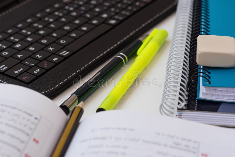Laptop Tablet Keyboard, Opened Textbook with Math Formula, Pencil ...