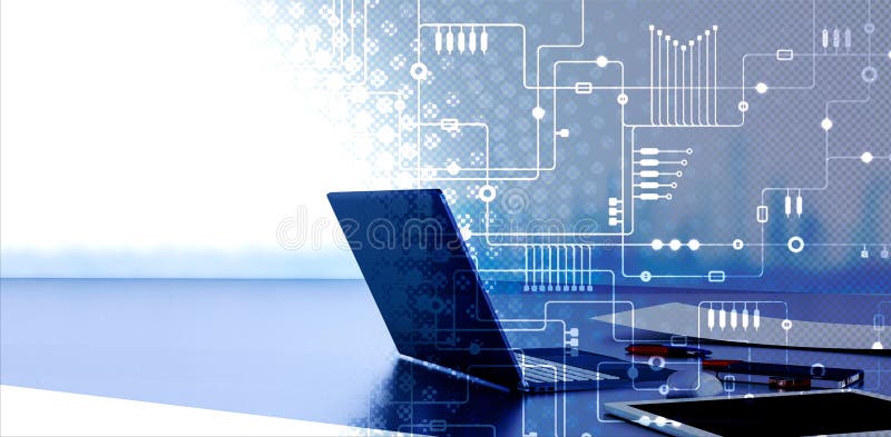 Laptop, Tablet and Mobile on Desk and Circuit Diagram. Software ...