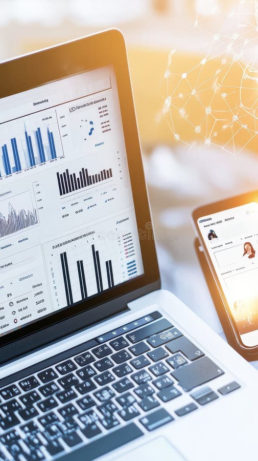 A Laptop and Tablet are Open To a Screen Displaying Graphs and Charts ...