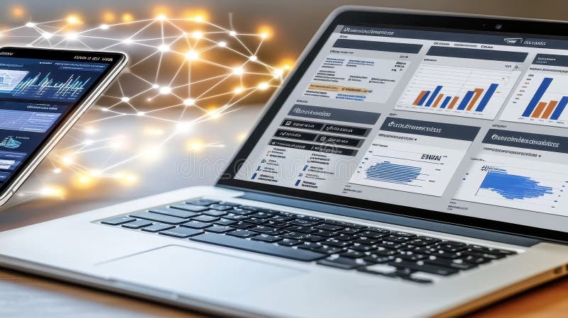 A Laptop and Tablet are Open To a Screen with a Lot of Graphs and Stock ...