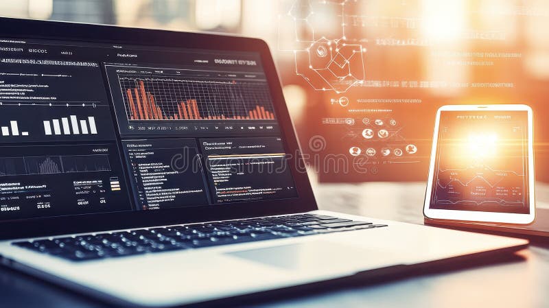 A Laptop and Tablet are Open To a Screen with a Lot of Graphs and Stock ...