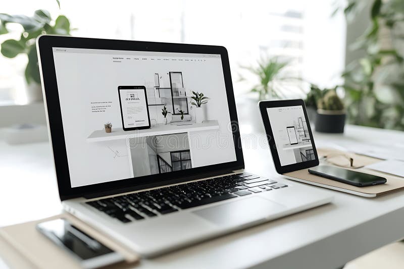Laptop, Tablet, and Phone Displaying Website Design on a Desk Stock ...