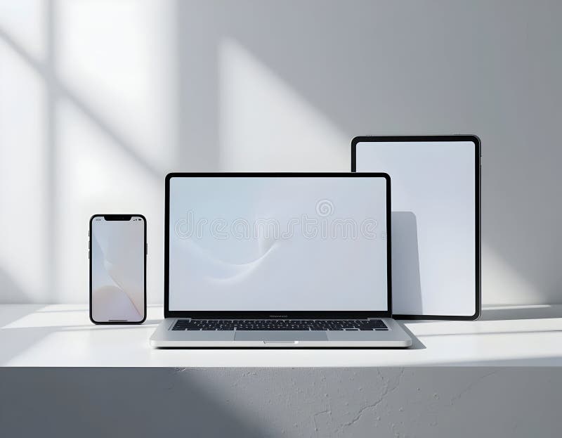 Laptop, Tablet, and Phone Showcase on White Surface with Sunlight Stock ...