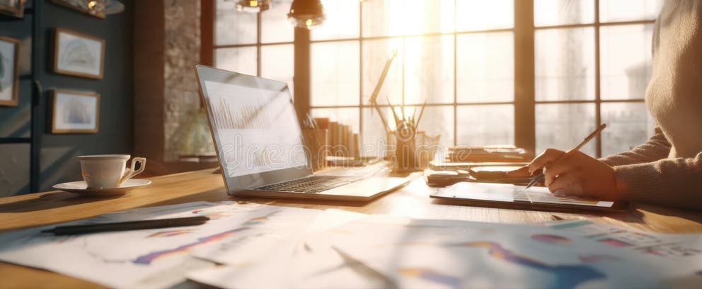 The Laptop and Tablet Setup in a Sunlit Modern Workspace..AI Generated ...