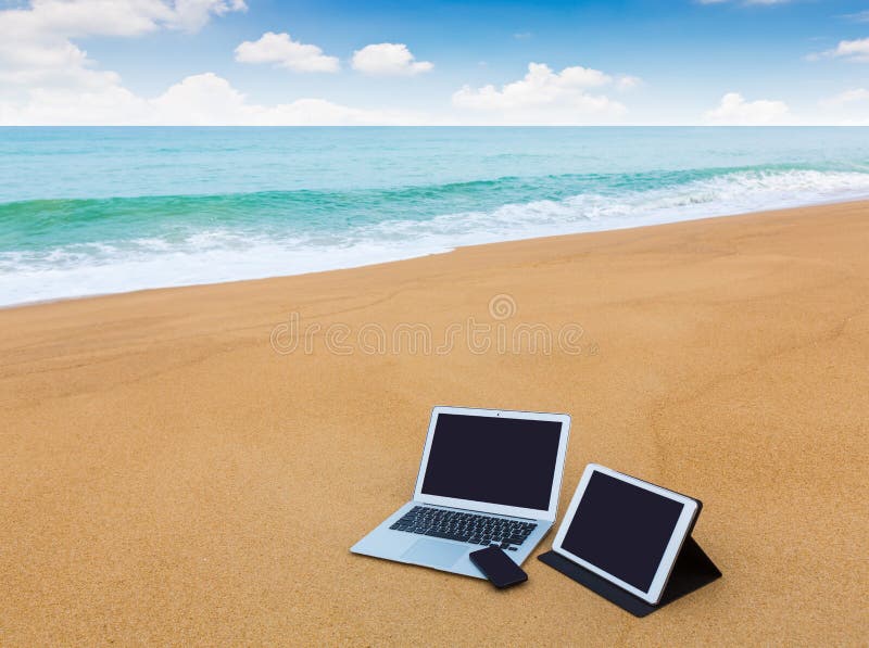 Laptop ,tablet and Smartphone on the Beach in Summer Time Stock Photo ...