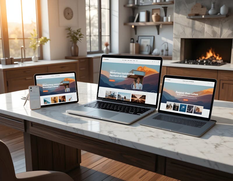 Devices Displaying Website Content on Marble Countertop in Bright ...