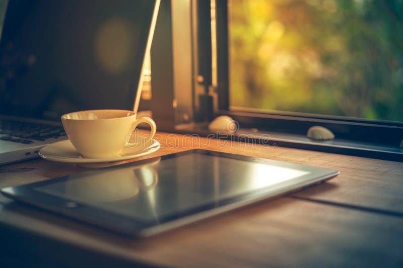 Laptop Tablet and White Coffee Cup on Wooden Table Stock Image - Image ...