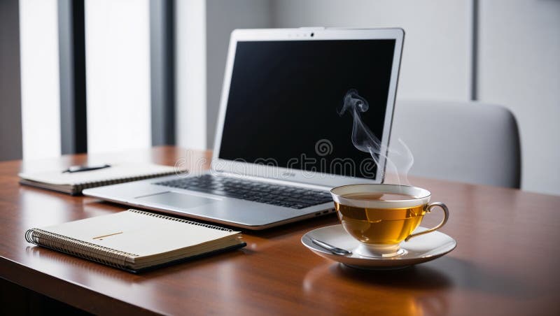Laptop, Tea, and Notebooks on a Wooden Desk Stock Photo - Image of ...