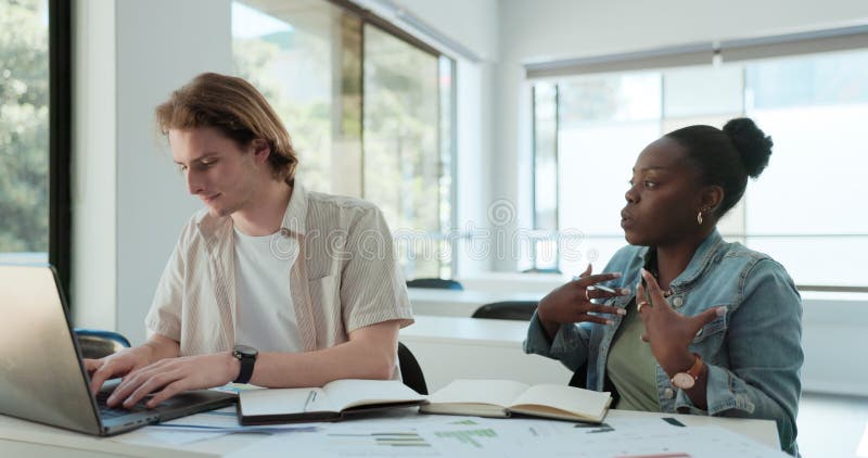 Laptop, Team and Students Talking at University, Learning Statistics or ...