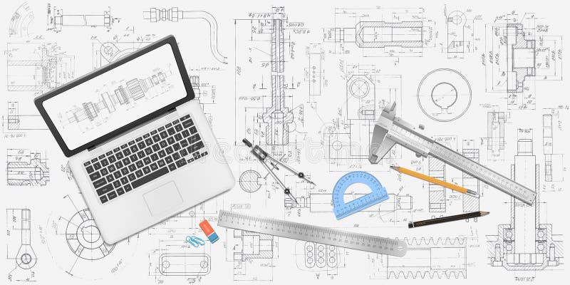 Laptop and Technological Tool.Technical Drawing Background.Mechanical ...