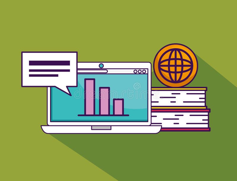 Laptop Technology with Statistics Bar and Books Stock Vector ...