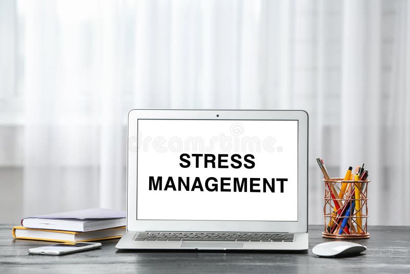 Laptop with Text Stress Management on Screen at Workplace Stock Photo ...