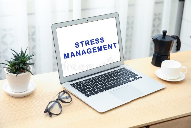 Laptop with Text Stress Management on Screen at Workplace Stock Image ...