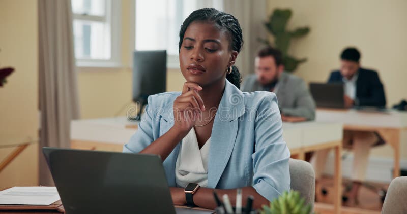 Laptop, Thinking and Business Woman Problem Solving, Planning or ...