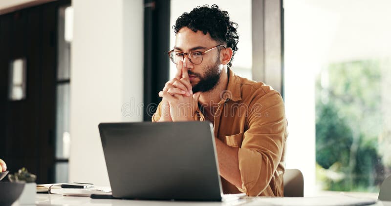 Laptop, Thinking and Man Reading in Home Office for Remote Work ...