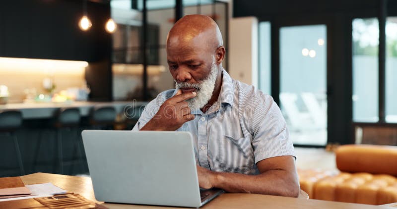 Laptop, Thinking and Mature Business Man in Coffee Shop for Remote Work ...