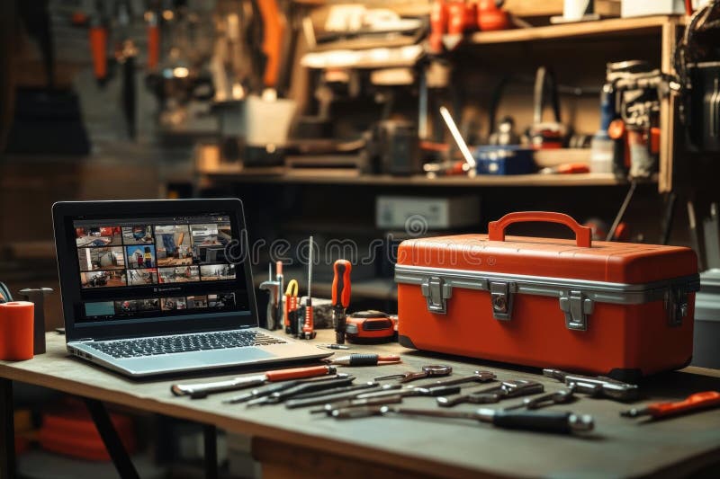 Laptop, Toolbox, and Tools on a Wooden Workbench in a Garage Stock ...