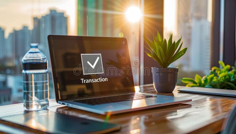 Laptop with Transaction Confirmation on Screen, Surrounded by Plants ...