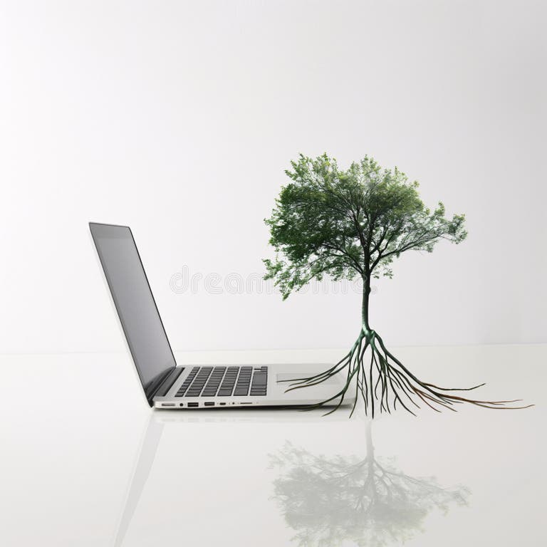 Laptop and Tree: Nature and Technology Intertwined on White Surface ...