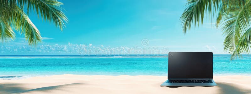 Laptop on Tropical Beach Background. Selective Focus Stock Image ...