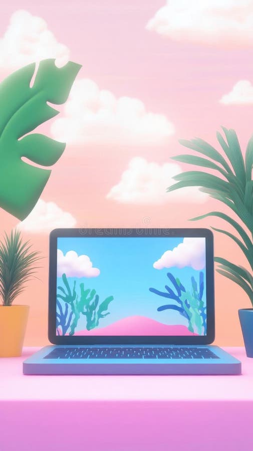 Laptop with a Tropical View, Dreamy Computer Setup, Digital Oasis, Pink ...
