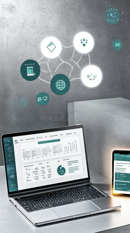 A Laptop and Two Tablets are Displayed on a Table Stock Illustration ...