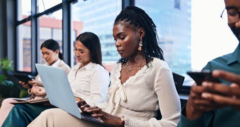 Laptop, Typing and Black Woman Employee in Workshop or Seminar for ...