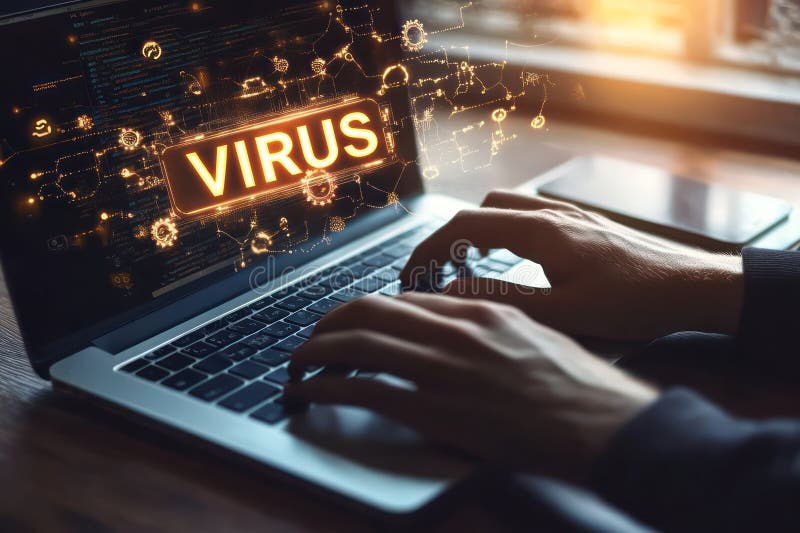 Laptop Typing with Virus Warning Alert Stock Image - Image of data ...