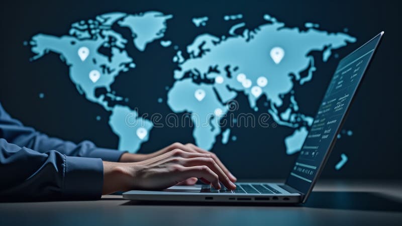 Laptop Typing with World Map Background Stock Illustration ...